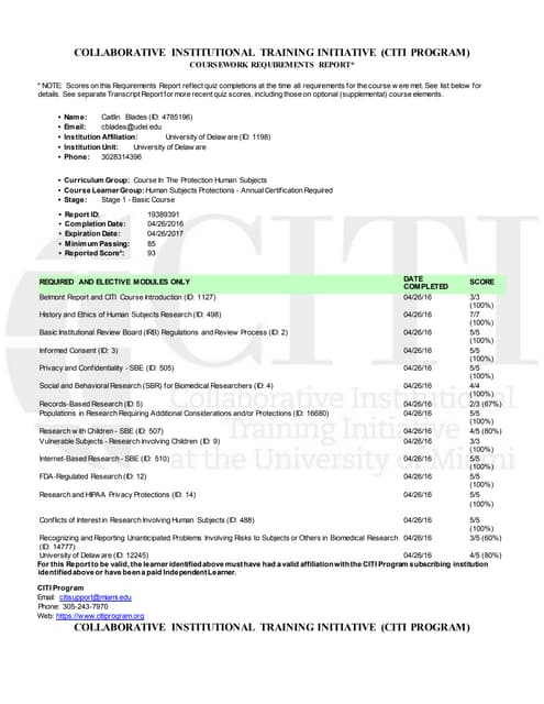 CITI Completion Report | DOCX | Education