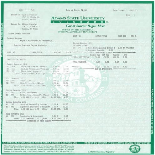 Adams State Transcript Alison Gonzales | PDF