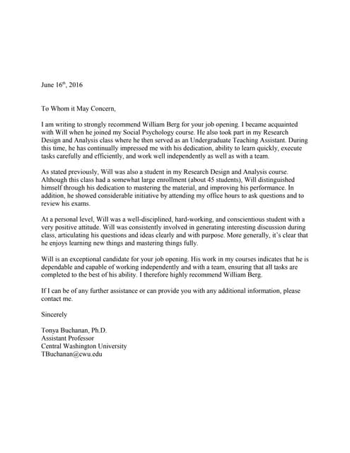 Recommendation Letter- Psychology Professor | PDF