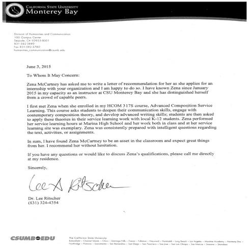 Letter of rec for Zena McCartney | PDF