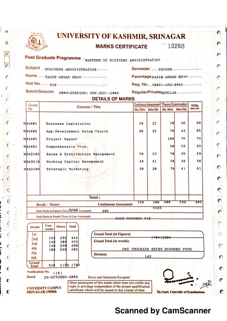 MBA marks card