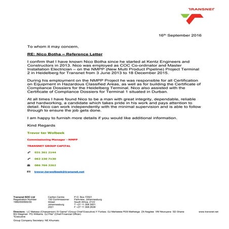 Transnet Reference Letter | PDF