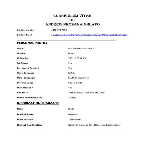 Andrew Nkosana Nhlapo CV..UPdateddoc | DOC