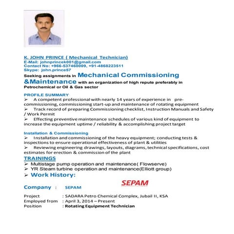 Resume of John Prince (Rotating Equipment Technician) | DOCX