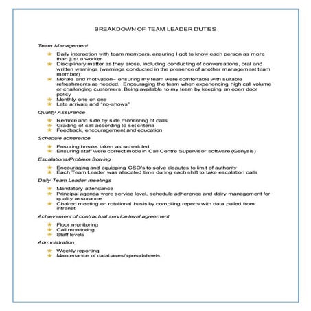 BREAKDOWN OF TEAM LEADER DUTIES | PDF