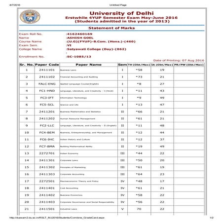 DU marksheet | PDF