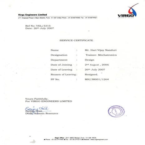 Exdperience letter Virgo Engineers ltd | PDF