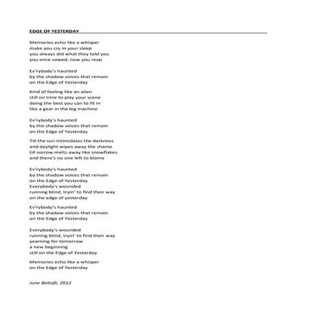 Edge of Yesterday - lyrics by June Beltoft | PDF