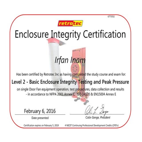 Room Integrity Certificate Level 2 - Irfan Inam | PDF