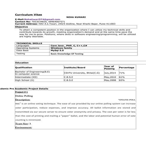 CV of Neha kumari | DOC | Programming Languages | Computing
