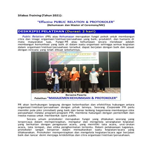 (2021) Silabus Training "Effective PUBLIC RELATION (Kehumasan) dan ...