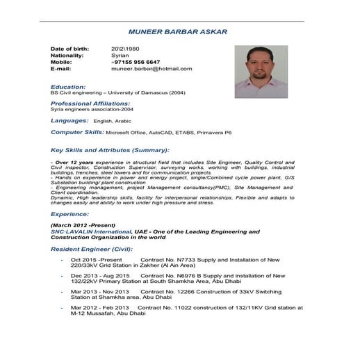 Muneer CV 2016 | PDF | Civil Engineering Industry | Industries