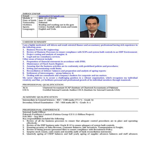 Imran Zafar Resume | PDF | Business Accounting & Finance | Business