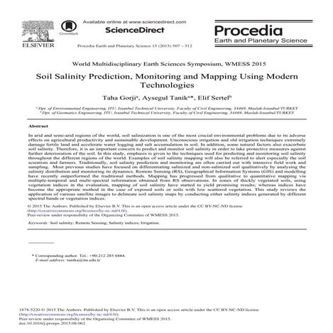 Soil Salinity Prediction, Monitoring and Mapping using Modern Technologies | PDF
