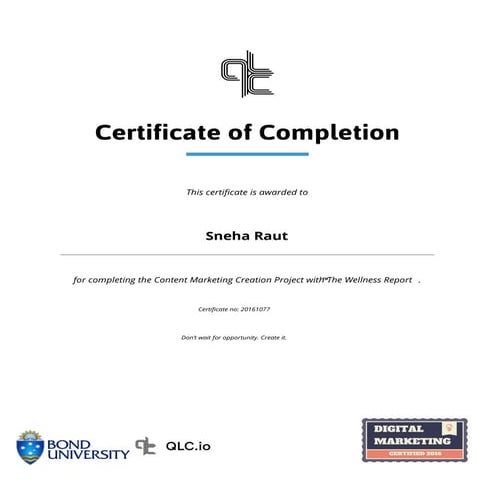 QLC.io x Bond Completion Certificate - Digital Marketing Level 1 | PDF