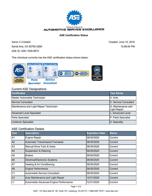 ASE Certification | PDF