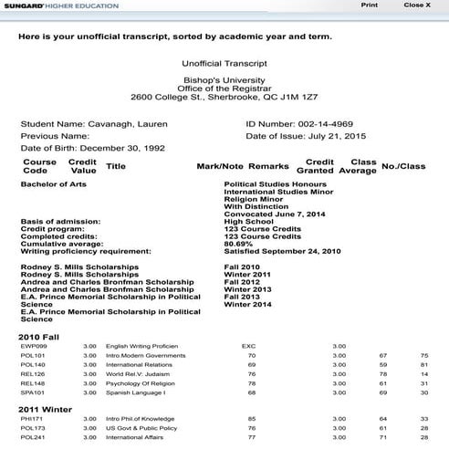 Transcript and extracurricular report | PDF