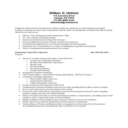 William D Hotham Resume civilian | PDF
