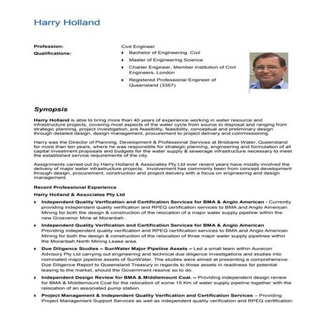 Harry Holland CV Update Water Infrastructure & Pipelines August 2015 | PDF
