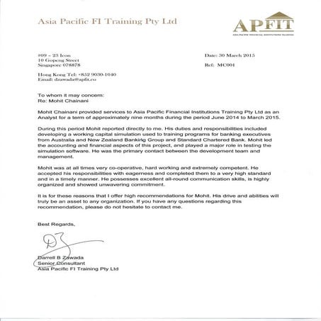 APFIT reference letter for Mohit Chainani-1 | PDF