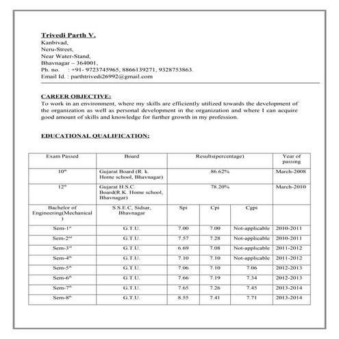 Resume Parth Trivedi B.E. Mechanical (2) | DOC | Business and Finance