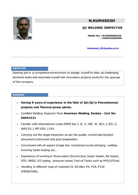 Cv of qaqc, inspection engineer, welding, painting & coating inspector ...