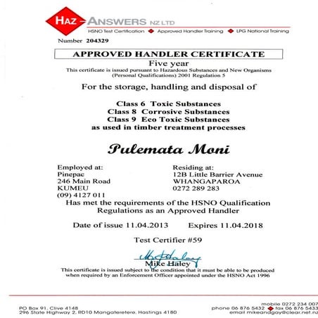 HSNO approved handler Cert | PDF