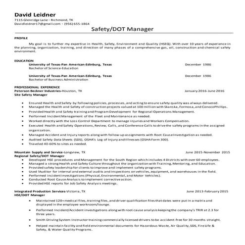 David+Leidner+Safety+Manager+Resume++June+2016 | PDF