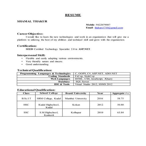 CV_Shamal_Thakur | DOCX | Programming Languages | Computing