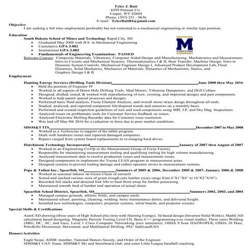 Tyler Batt Resume Mechanical Engineer 5-12-16 | PDF