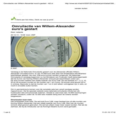 Omruilactie van Willem-Alexander euro's gestart - AD.nl
