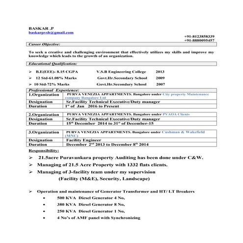 BASKAR RESUME | DOC | Civil Engineering Industry | Industries