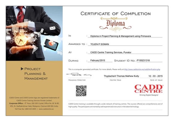 Primavera P6 Basic Course Certificate - J.Bowker | PDF | Computer ...