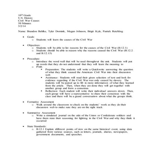 Civil War Causes Lesson Plan | DOCX