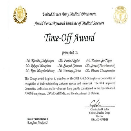 Time-Off Award - The 2014 AFRIMS Employee Commitee | PDF
