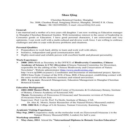 Resume of SHAO Qing | DOC
