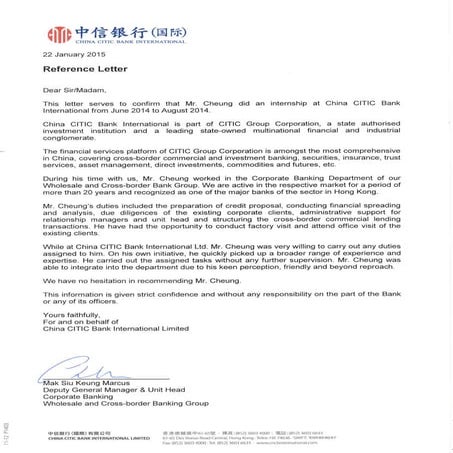 China Citic Bank Recommendation Letter | PDF