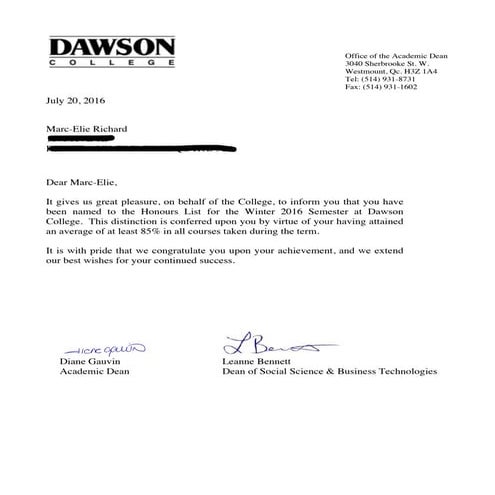 Semestral Honors Letter - Winter 2016 | PDF