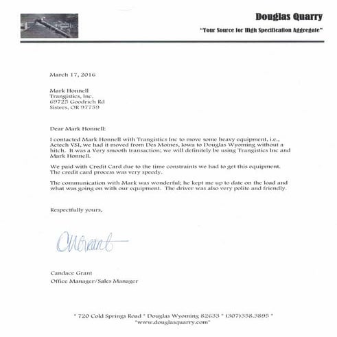 Douglas Quarry - Testimonial Letter | PDF