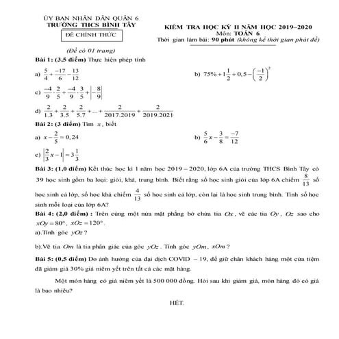 Đề Thi HK2 Toán 6 - THCS Bình Tây | DOCX