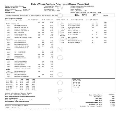 EPISD UNOFFICIAL TRANSCRIPT Ethan Vickers | PDF | College Education ...
