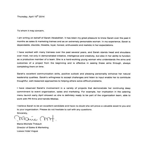 Reference Letter - Loews Hotel Vogue | PDF