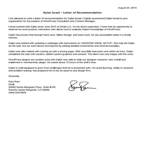 Dylan Israel - Letter of | PDF