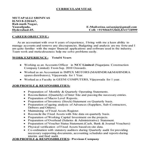 CV of Srinivas(M Com,ICMAI) | DOCX