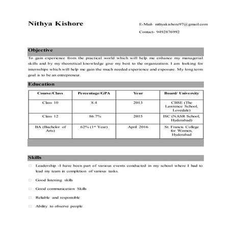 Resume Nithya Kishore | PDF