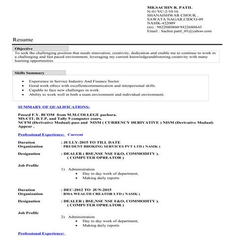 CV sachin | DOC | Business Accounting & Finance | Business