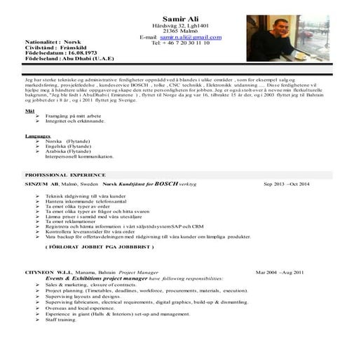 CV - Samir Ali 2015 landskrona Mai | DOCX | Food Industry | Industries