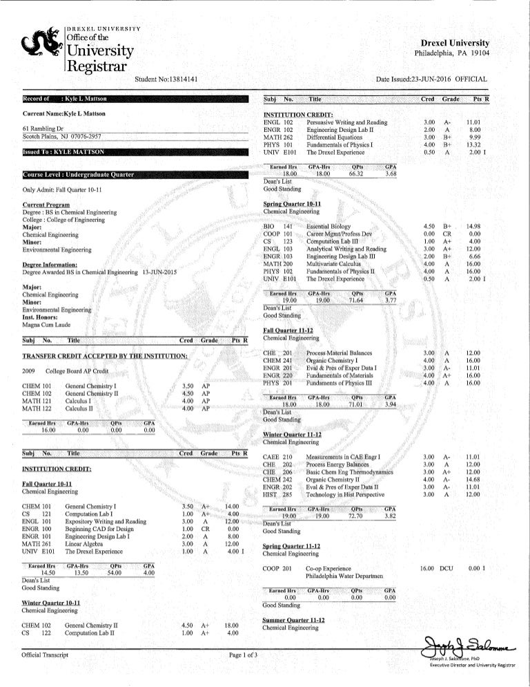 Mattson Official Drexel Transcript