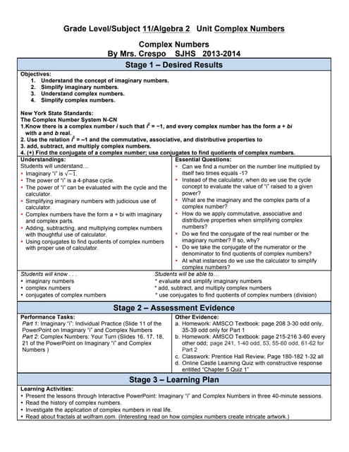 Crespo Lesson Plan_Complex Numbers Guide | PDF