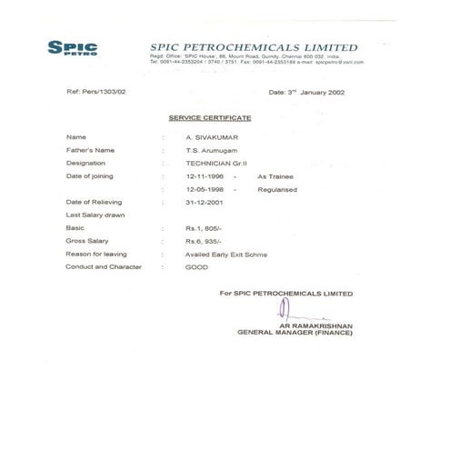 SPIC Petrochemicals Certificate | PDF